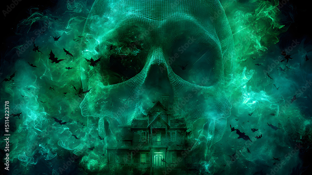 Spectral Skull and Haunted House: An eerie spectral skull emerges from ...