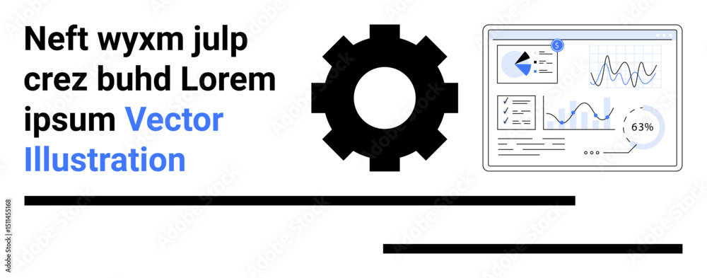 Gear alongside a data dashboard with graphs, pie chart, and percentage ...