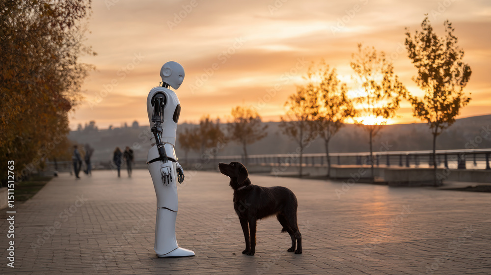 Humanoid robot humanoid on a walk with a dog. Artificial Intelligence ...