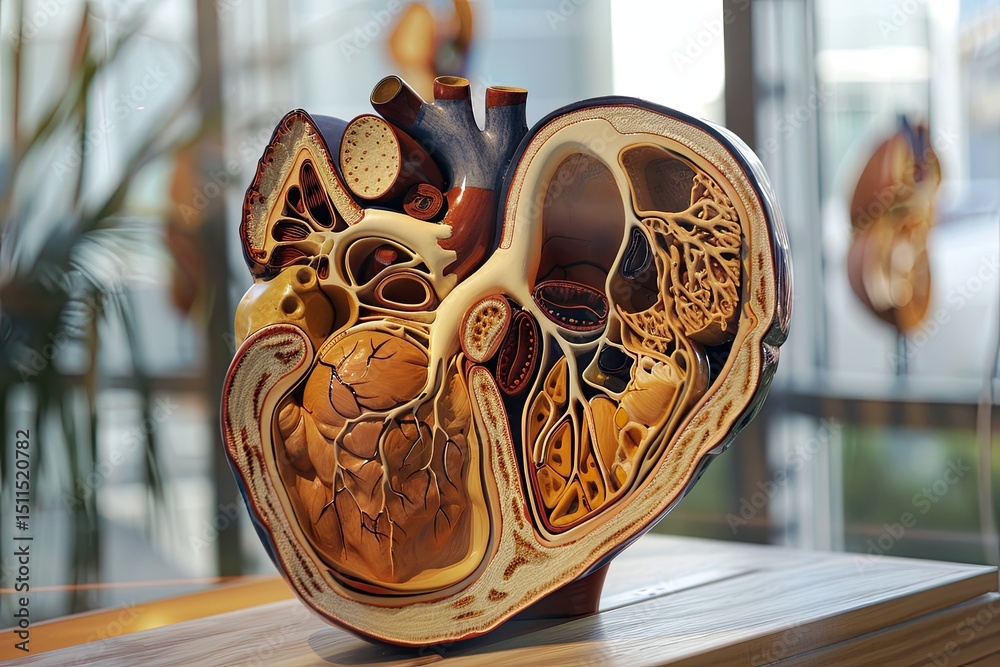 Detailed cross-section of human heart anatomy with labeled chambers and ...