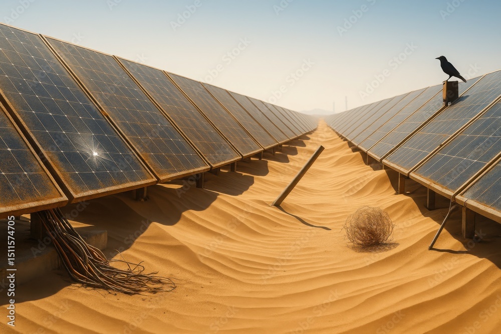 Solar Field with Desert Panels, Crow on Post, and Sand Ridge between ...