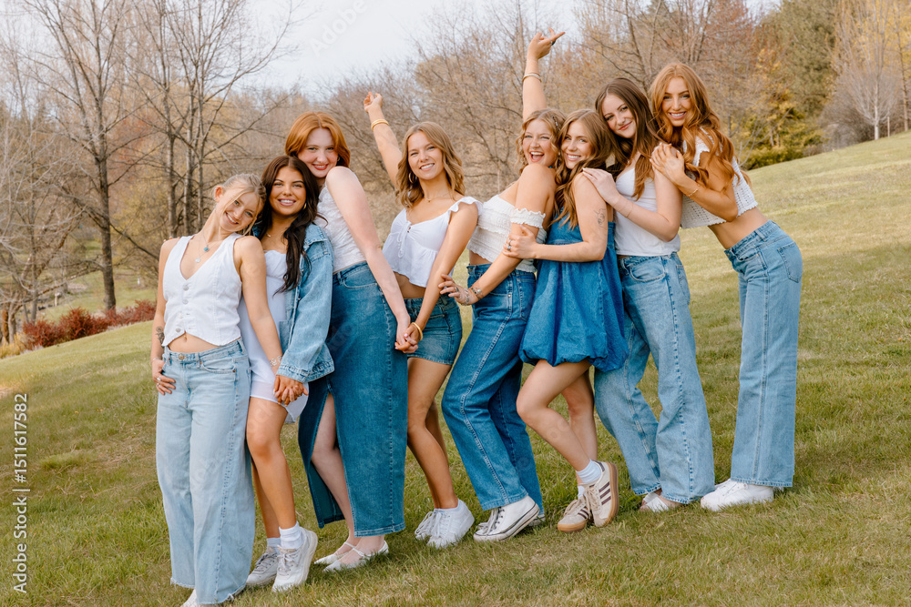 Generation z university students wearing denim and white outfits Stock ...