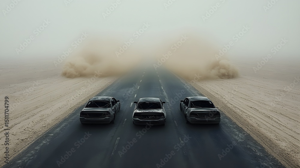 A post-apocalyptic highway with abandoned cars fused into the melted ...