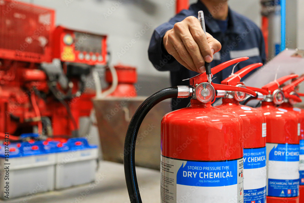 Foto de Stock Technicians check the pressure level of fire ...