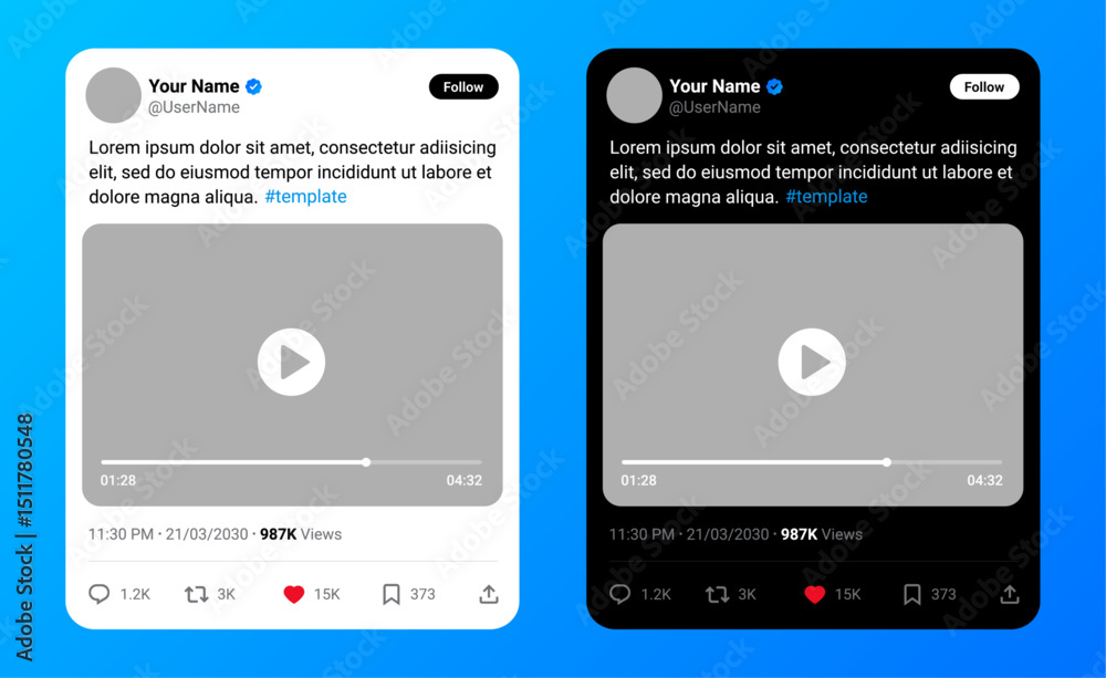 Twitter or X Post UI Template with Video Player Layout Verified Badge ...