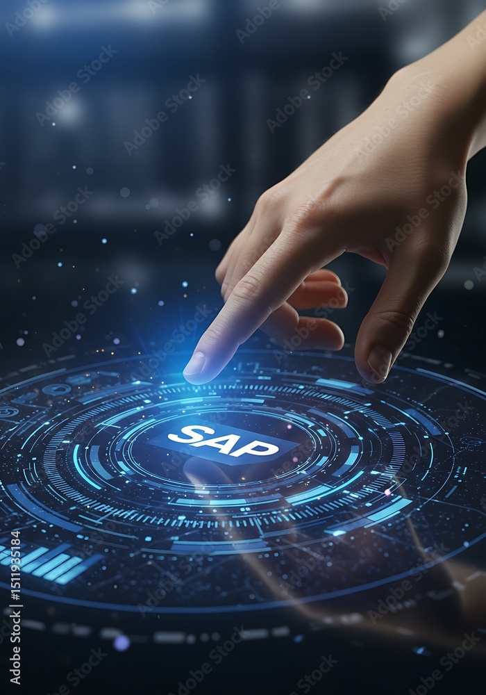 Person interacting with sap system interface representing digital ...
