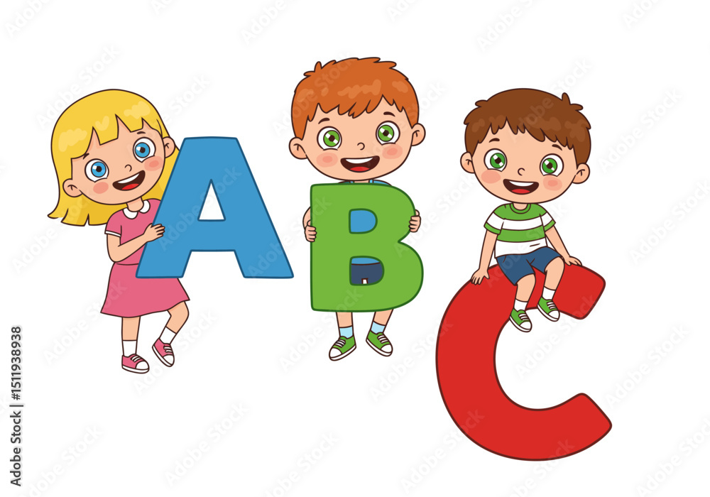 Cartoon Children Holding Colorful ABC Letters for Education Stock ...