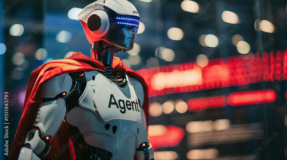 Ilustración de Stock Superhero with cape AI agent robot agentic ...