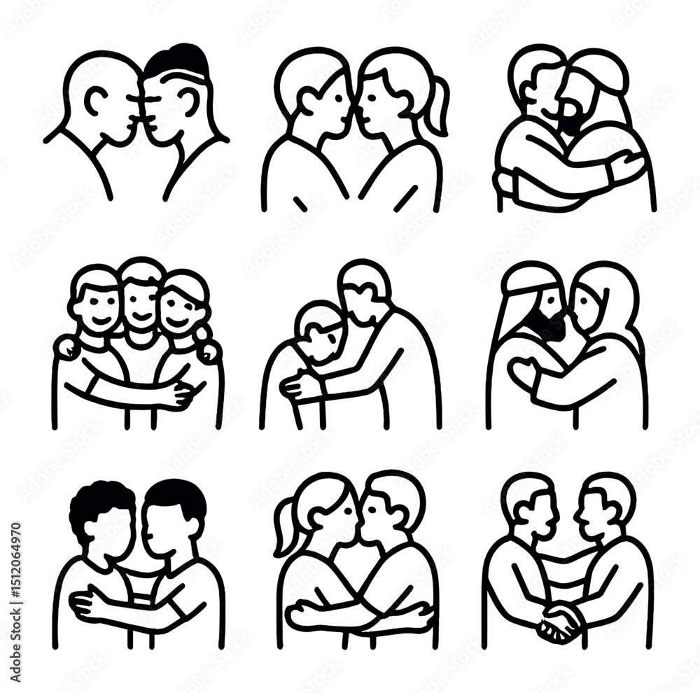 Global Hug Icons. Outline icon set of cultural hug traditions: Maori ...