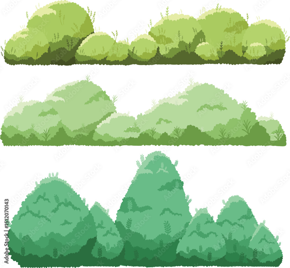 Three rows of stylized green bushes and shrubs for landscape design ...