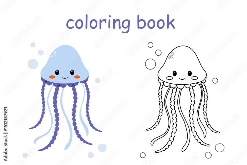 Cute jellyfish coloring page vector illustration isolated on white. Sea ...
