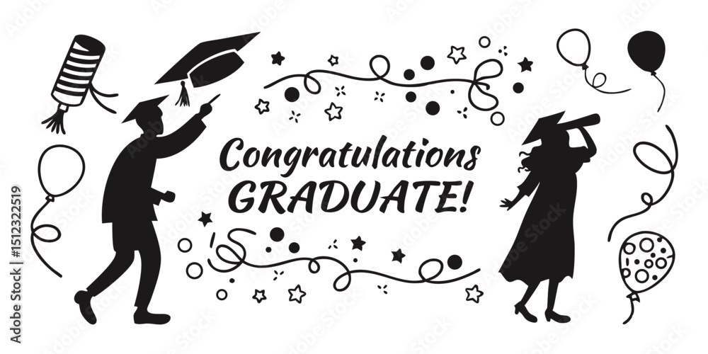 Graduation greeting lettering sign with square academic caps high into ...