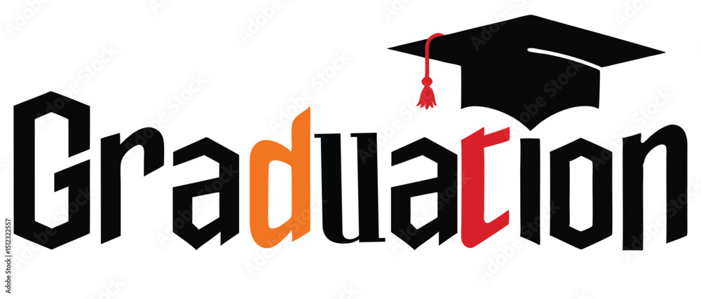Graduation greeting lettering sign with square academic caps high into ...