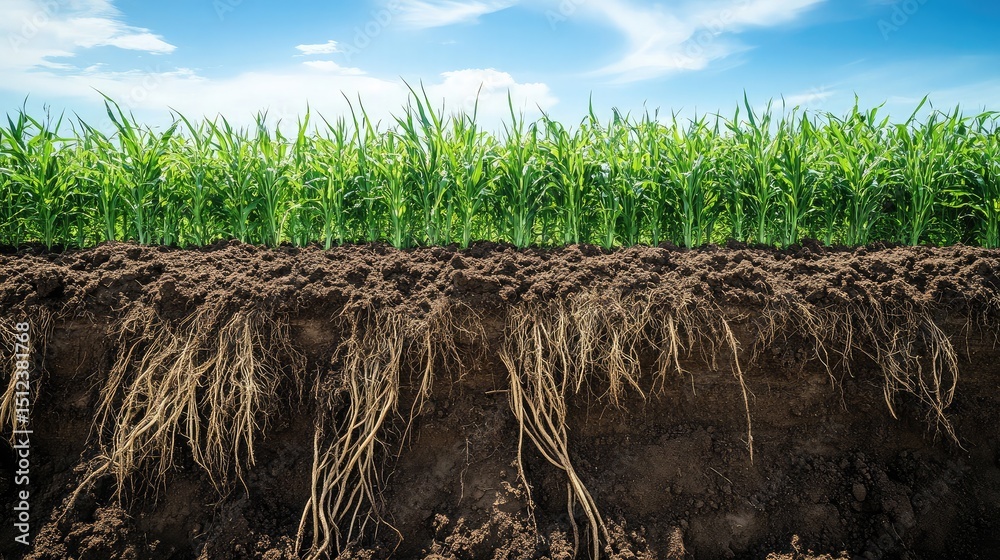 Photo Stock Restored soil profile beneath lush green cover crops ...