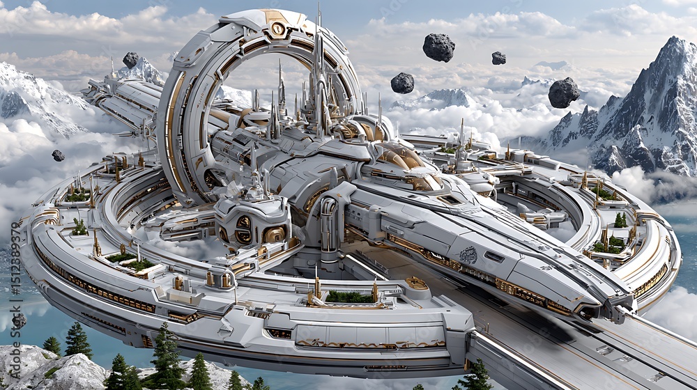 Spaceport architecture blending sci-fi structure with nature backdrop ...