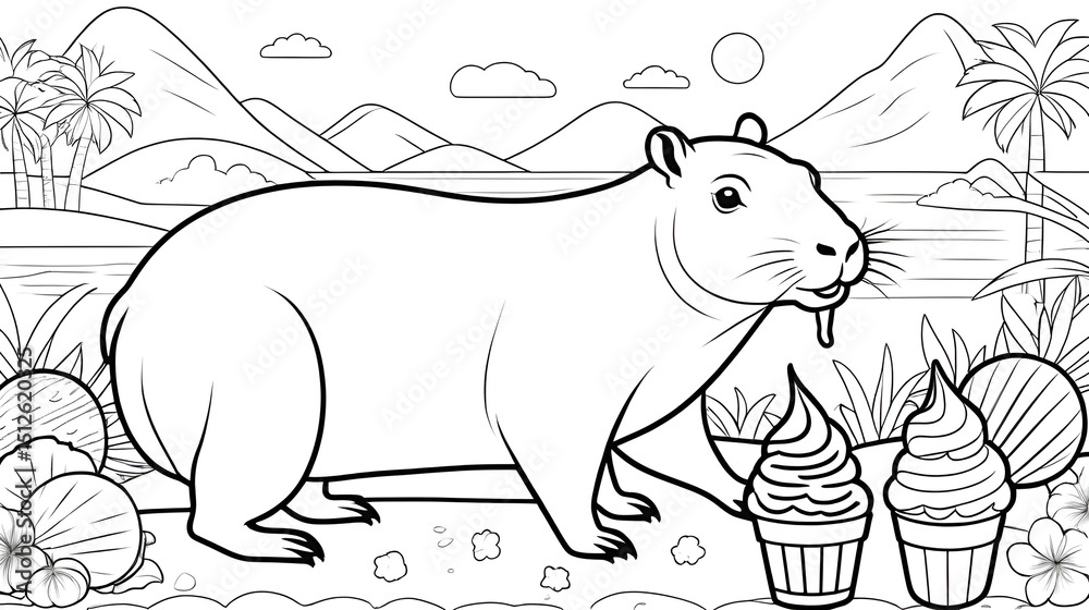 Capybara black and white drawing, writing, tracing and coloring page ...