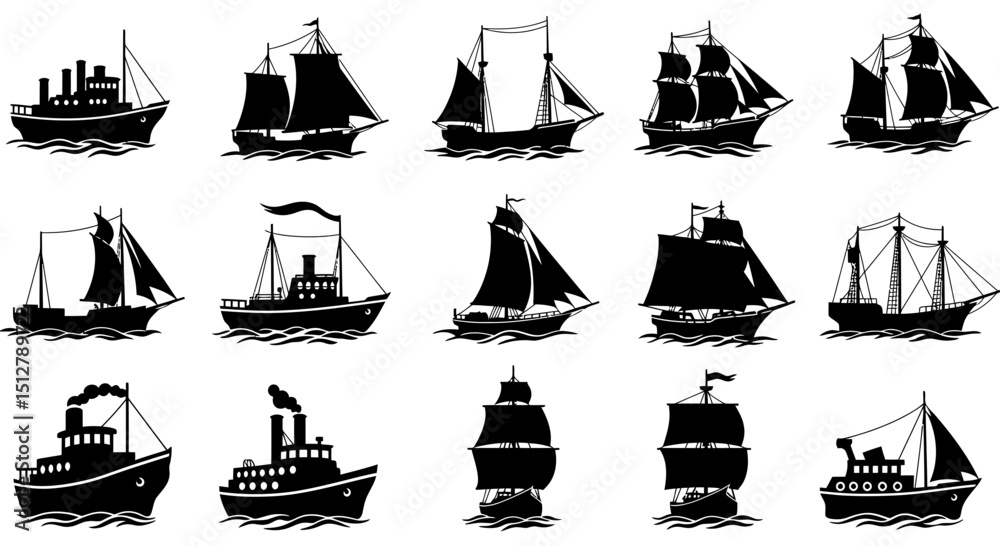 ship silhouette, black and white illustration, vintage ship, sailboat, wooden ship, pirate ship ...