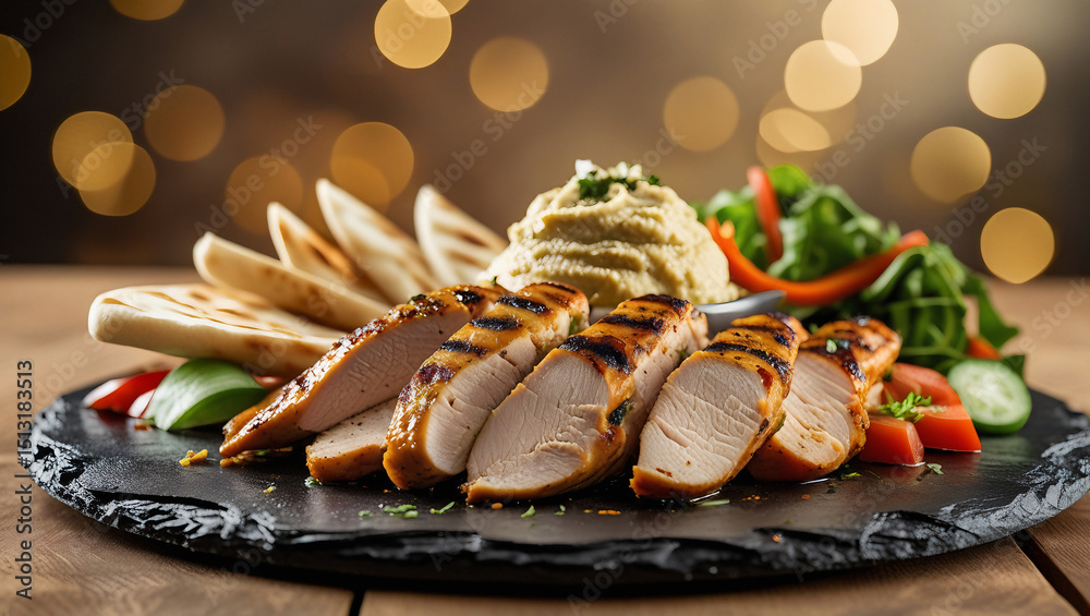 Mediterranean-style chicken shawarma with hummus and pita on slate ...