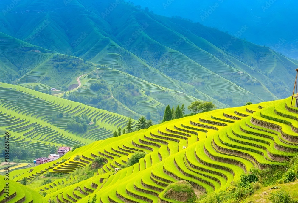 Lush green terraced fields climb steep mountain slopes in Oyum Nagar ...