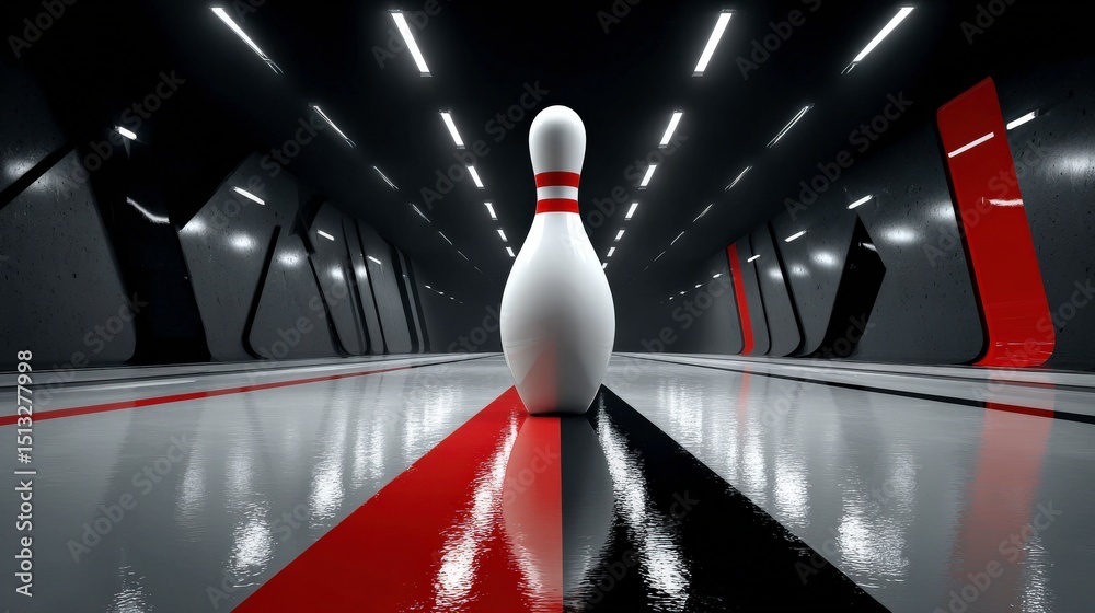 Bowling pin stands alone in modern bowling alley with striking lighting ...
