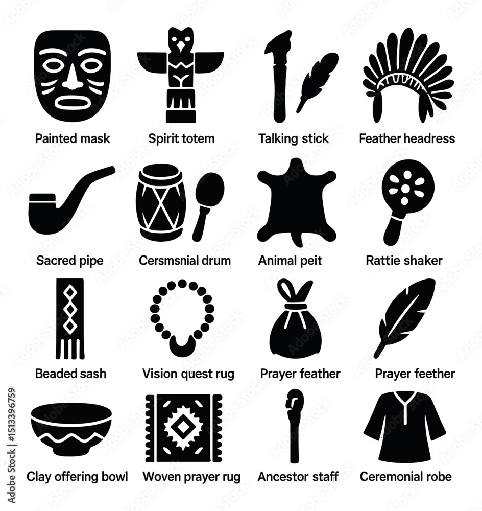 Native american silhouette icon collection. traditional symbols and ...