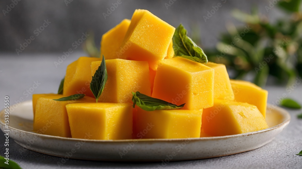 Flat lay of mango cubes forming a pyramid with scattered basil leaves ...