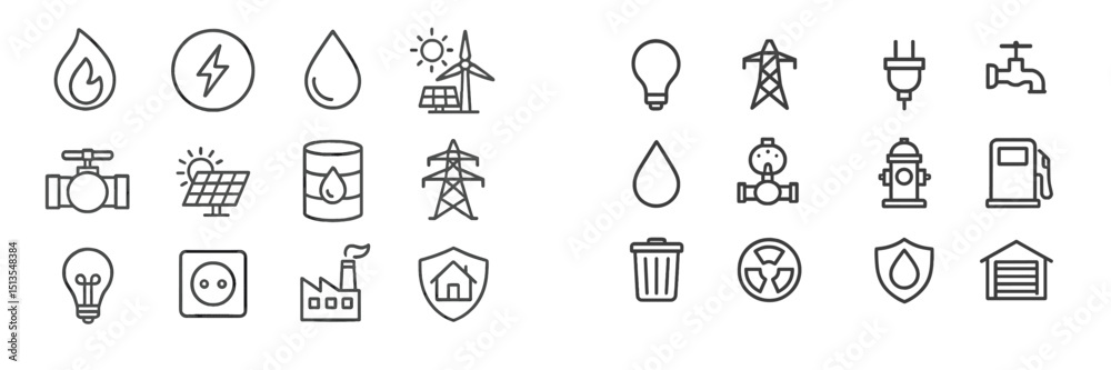 Collection of various energy and utility icons illustrating renewable ...