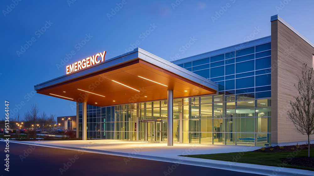 Modern emergency room building at dusk with illuminated sign Stock ...