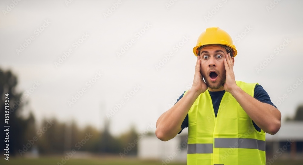 Construction man in safety vest with yellow hard hat reacting with ...