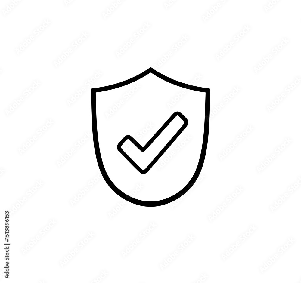 Secure Shield Checkmark: A simple line art illustration depicts a protective shield with a ...