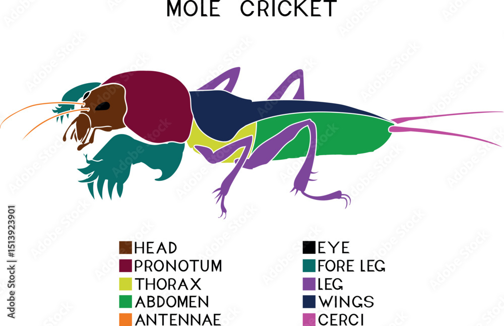 Diagram of the body parts of the mole cricket. Educational material ...