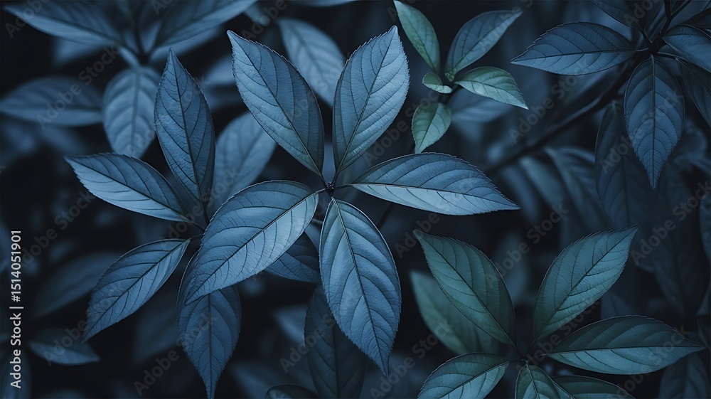 Moody bluish leaves create a deeply calming, natural pattern showing ...