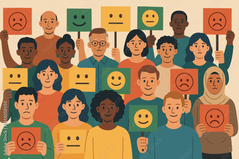 Diverse Crowd with Mixed Emotions Holding Emoji Signs: Happy, Sad ...