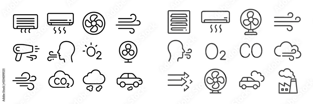 Collection of air circulation and ventilation icons illustrating ...