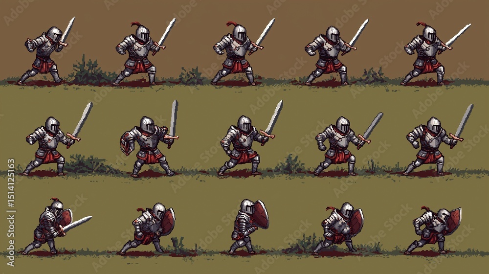 Pixel art medieval warrior sprite sheet with sword attack and idle ...