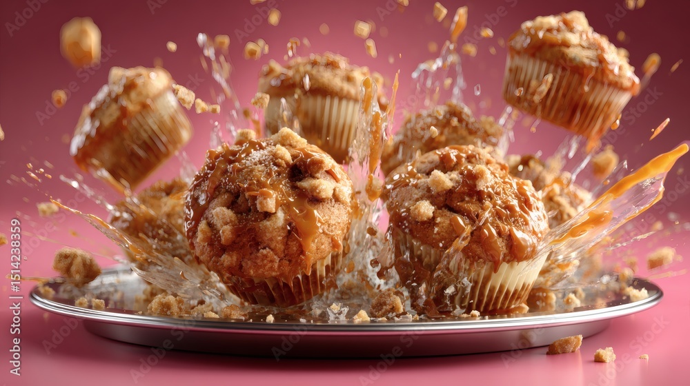 Cinnamon muffins with sugar dust bursting mid-air on warm pink and gold ...