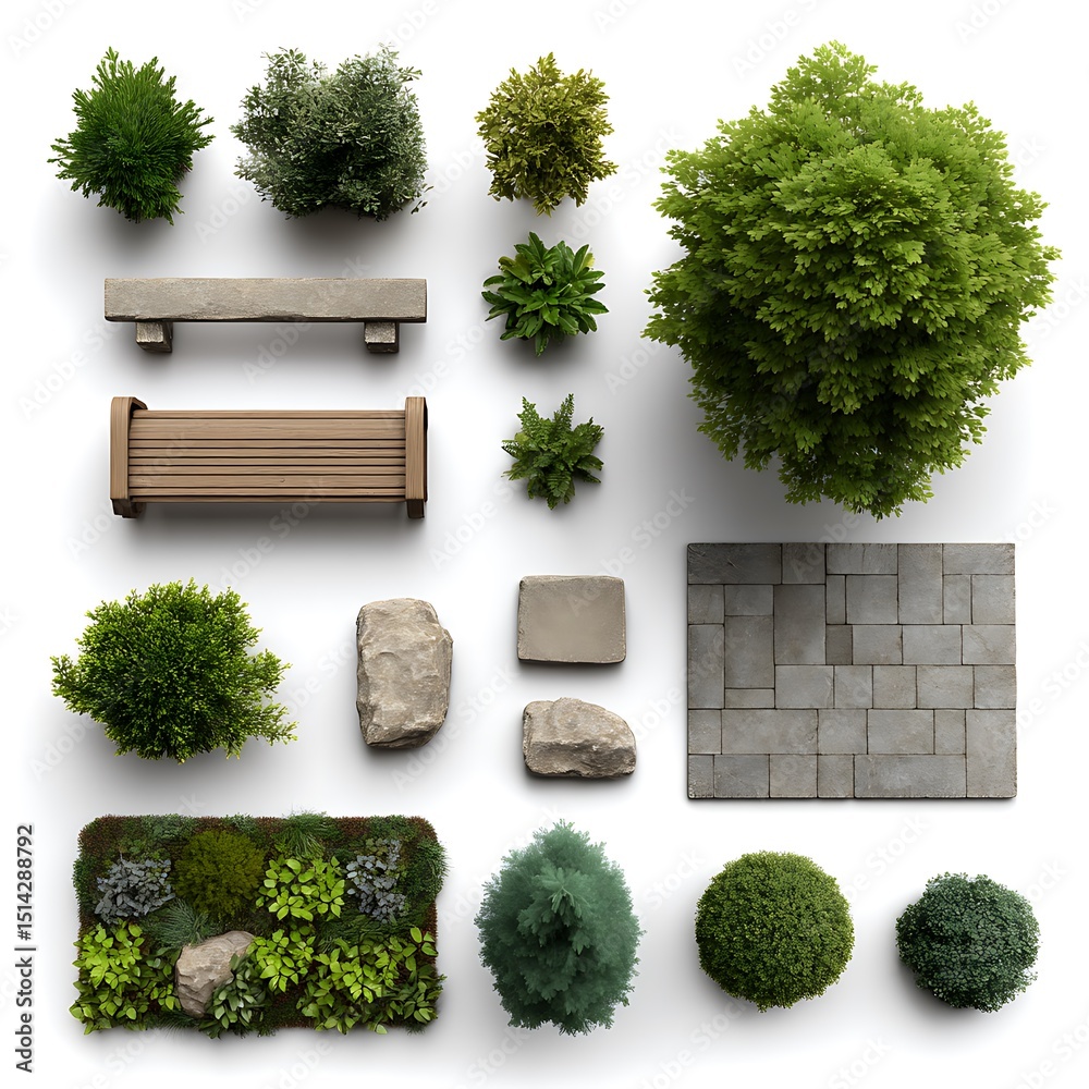 Top view landscape design elements isolated on white background Stock ...