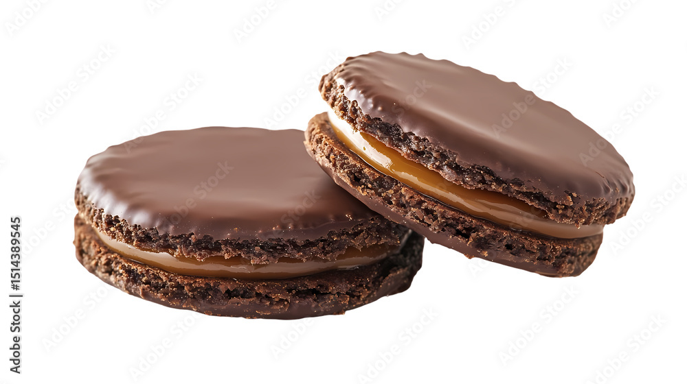 Two alfajores stacked on a black surface with a caramel filling and ...