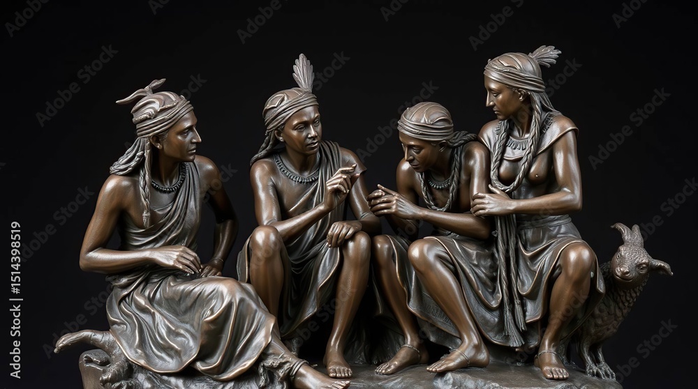 Bronze sculpture depicting four figures in native attire, engaged in a ...