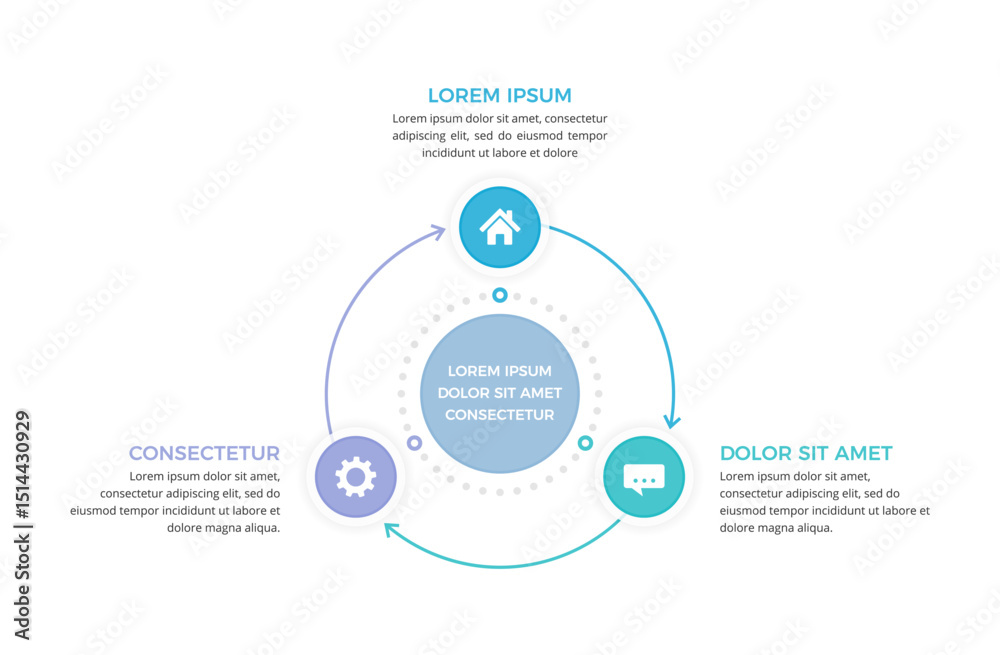Modern circular diagram infographic with three connected steps, vector ...