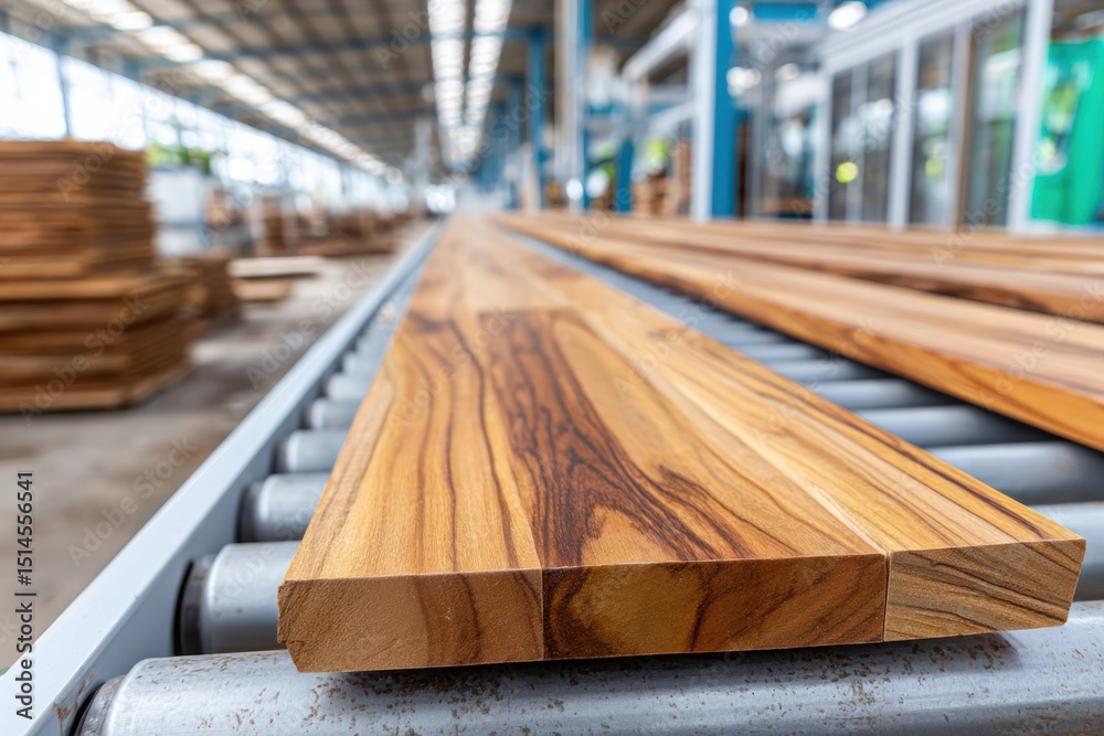Teak wood planks on a conveyor belt, in a woodworking factory, ready ...