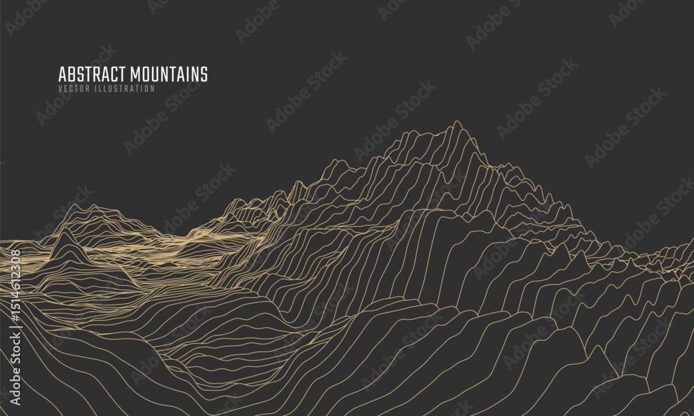 Contour mountain landscape. Waved line art. Abstract minimal ...
