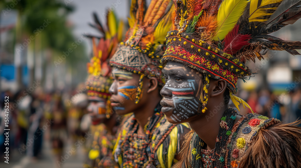 Tribal Warriors in Colorful Headdresses and Face Paint March During ...