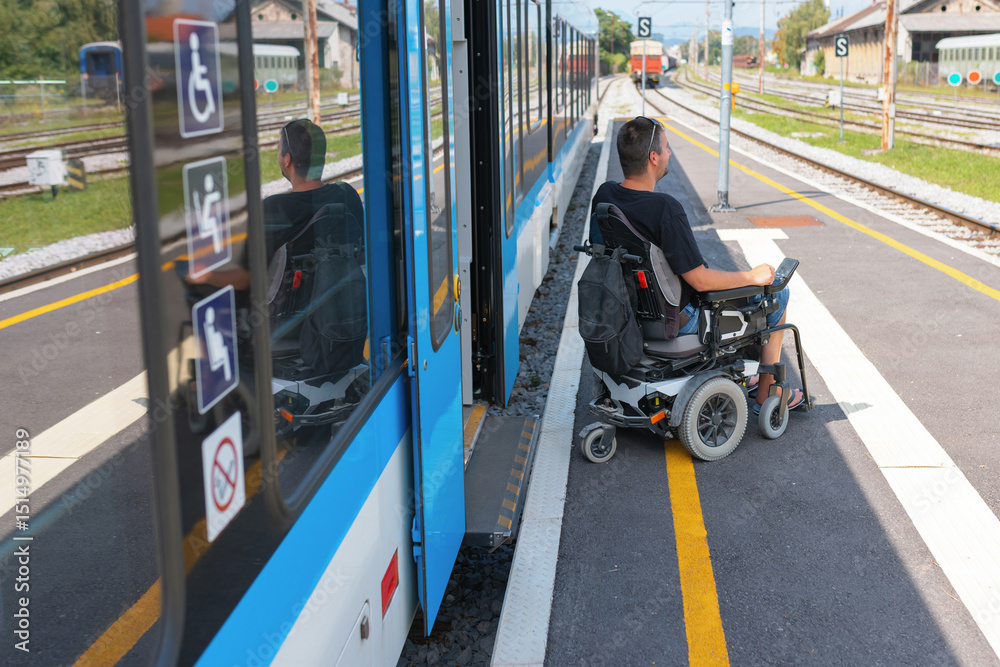 Foto de Stock Wheelchair user using accessible train travel waits at a ...