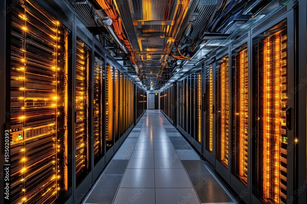 Server room corridor with glowing rack servers and overhead cable trays. It represents data ...