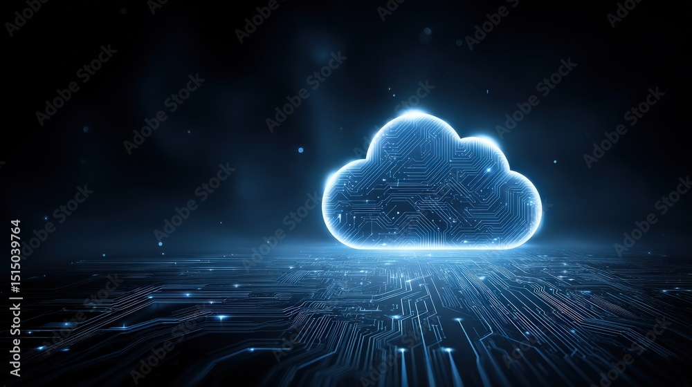 Glowing cloud icon with circuitry represents cloud computing and ...