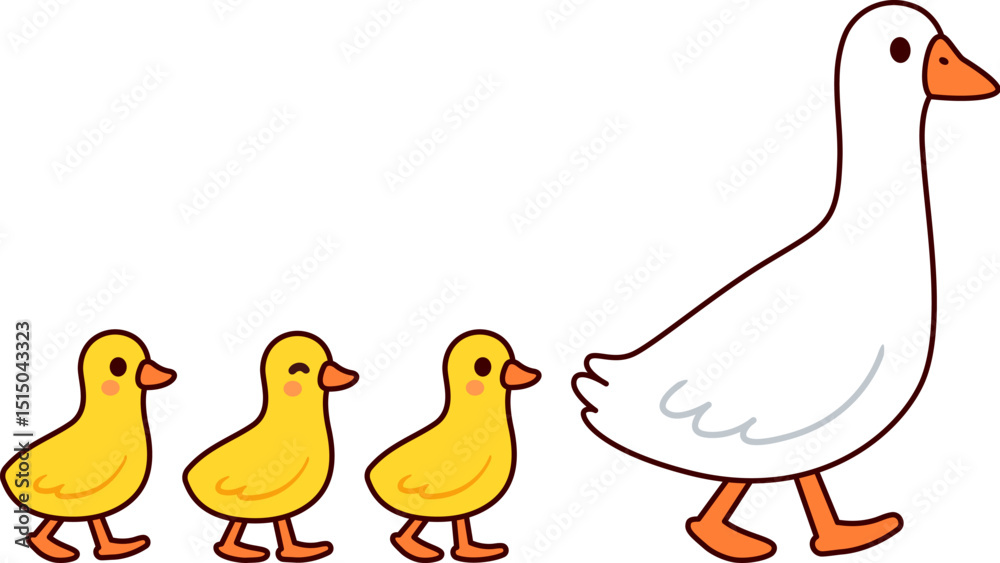 Cute cartoon goose walking with three baby goslings. Simple drawing ...