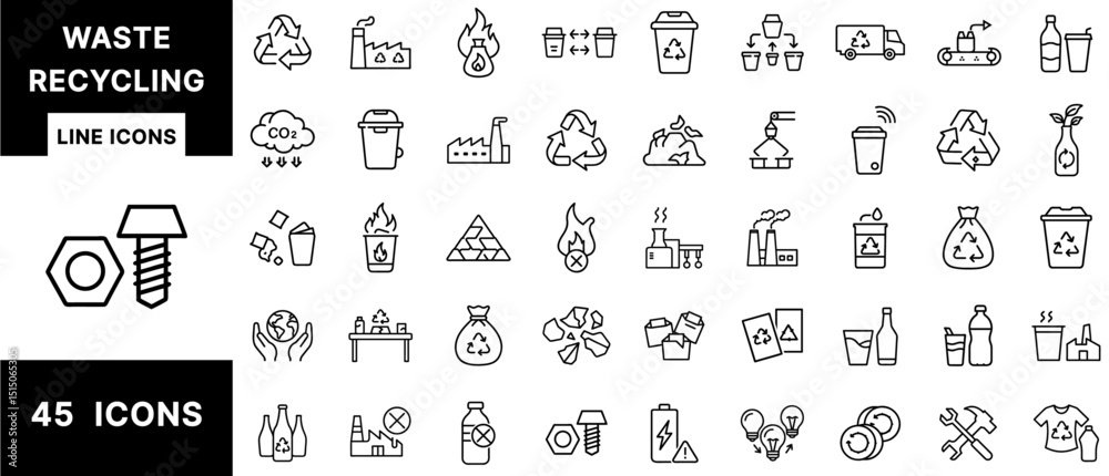 Waste Recycling Line Icons Set Featuring Trash Sorting, Reuse Materials ...