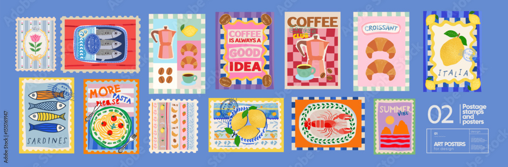 Italian and French summer Mediterranean postage stamps. Vector ...