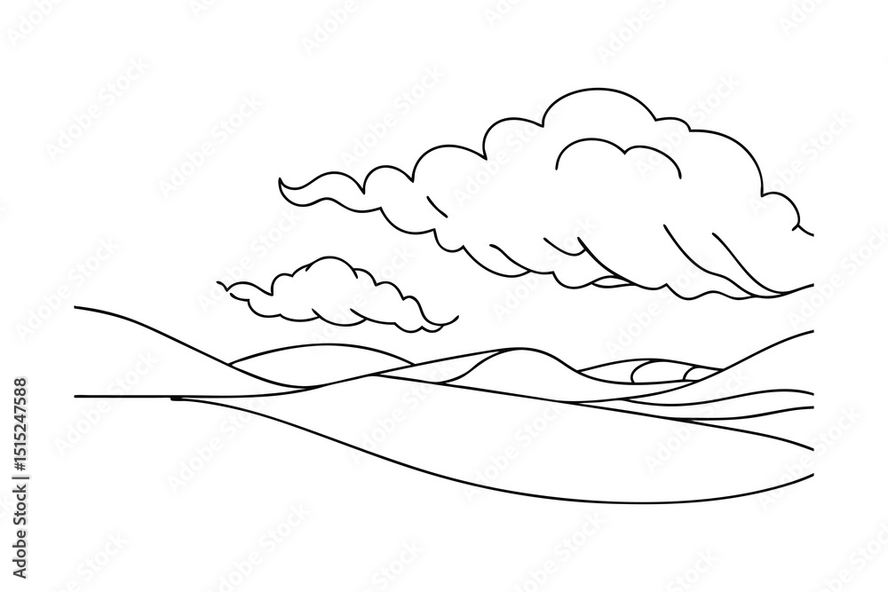 Continuous line drawing of rolling hills and fluffy clouds Stock Vector ...